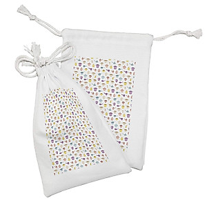 Ambesonne Kitchen Fabric Pouch Set of 2, Colorful Cooking Pots Teapot Food Tools Frying Pan Household Utensils Tableware, Small Drawstring Bag for Toiletries Masks and Favors, 9" x 6", Multicolor