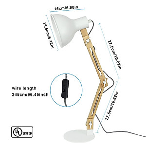 DINGLILIGHTING DLLT Swing Arm Desk Lamp, Wood Adjustable Gooseneck Table Lamp, Modern Architect Desk Light, Reading Light for Work, Study, Bedroom, Home Office, White Metal Shade, E26 Bulb Included