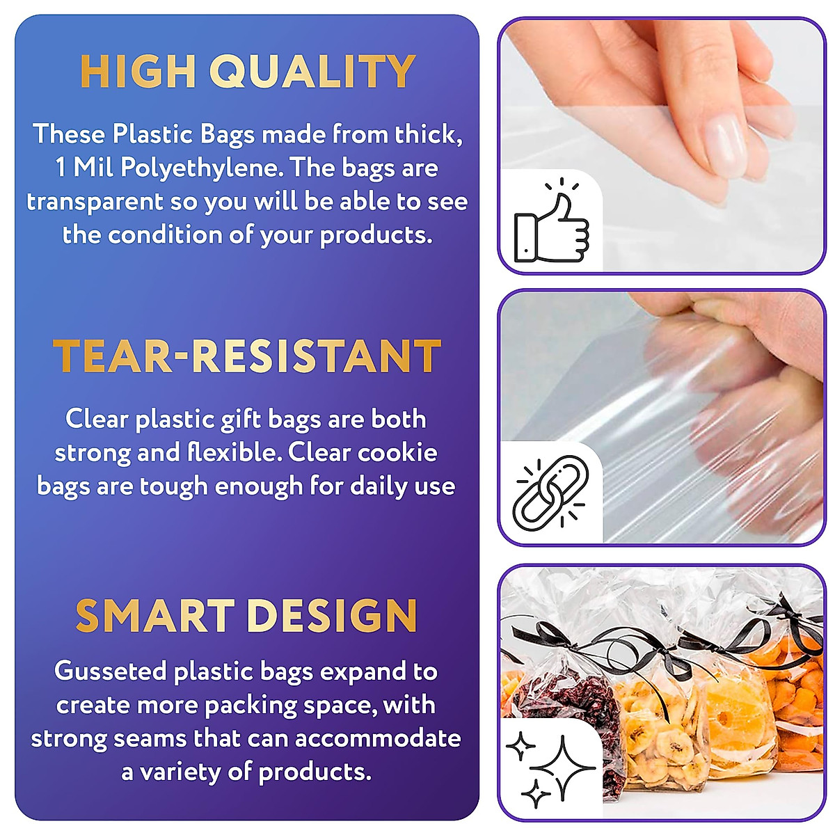 APQ Clear Gusseted Poly Bags, 4 x 2 x 10 Inch. Pack of 100 Gusseted Plastic Bags 1 Mil Thick for Favors with Open Top. Clear Plastic Bags for Packaging Cookies, Popcorn, Candies, Homemade Bread