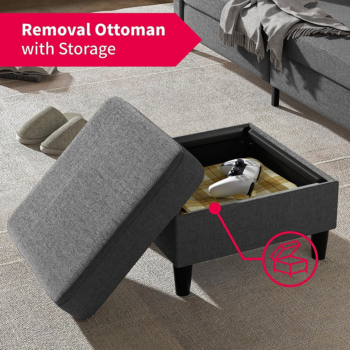 MUZZ 76'' Convertible Sectional Sofa Couch，Modern Linen Fabric Upholstered Couch with Storage Function Ottoman,3-Seat L-Shaped Couches for Living Room, Apartment, Office and Small Space（Dark Grey）