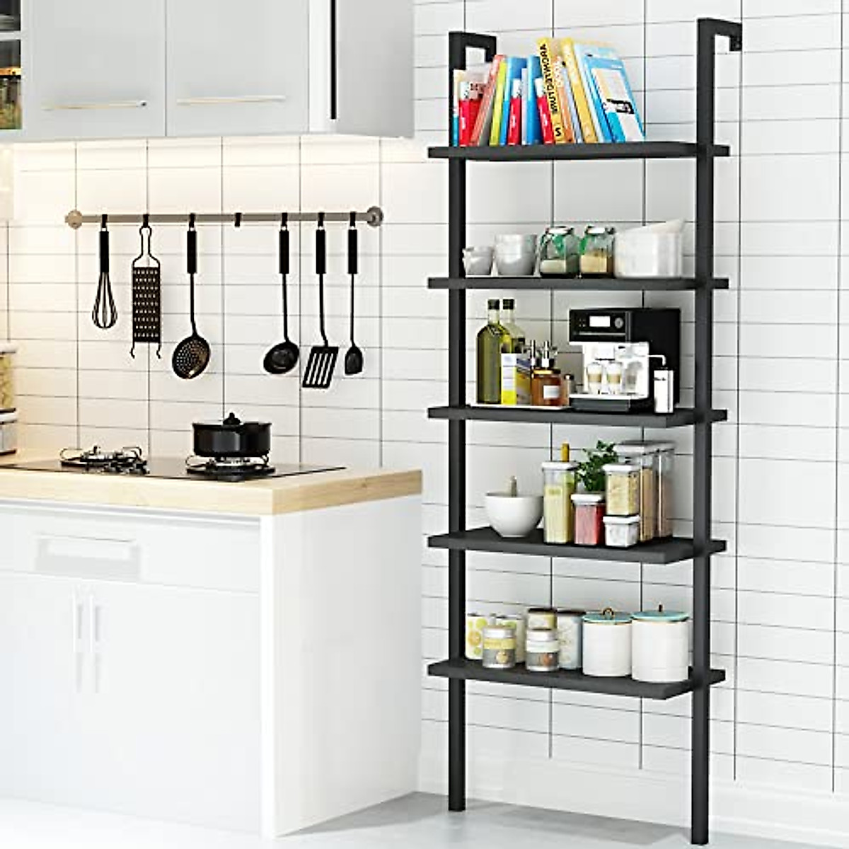 Lamerge Wall-Mounted Ladder Shelf,Industrial 5 Tier Bookcase with Metal Frame, Plant Flower Stand Display Storage Organizer Shelves,Open Bookshelf for Home Office,Black+Black