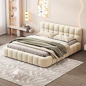 Merax Modern Queen Upholstered Bed Frame with Wingback, Linen Low Plattform Bed, No Box Spring Needed Beige