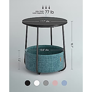 VASAGLE Small Round Side End Table, Modern Nightstand with Fabric Basket, Classic Black, Dark Turquoise