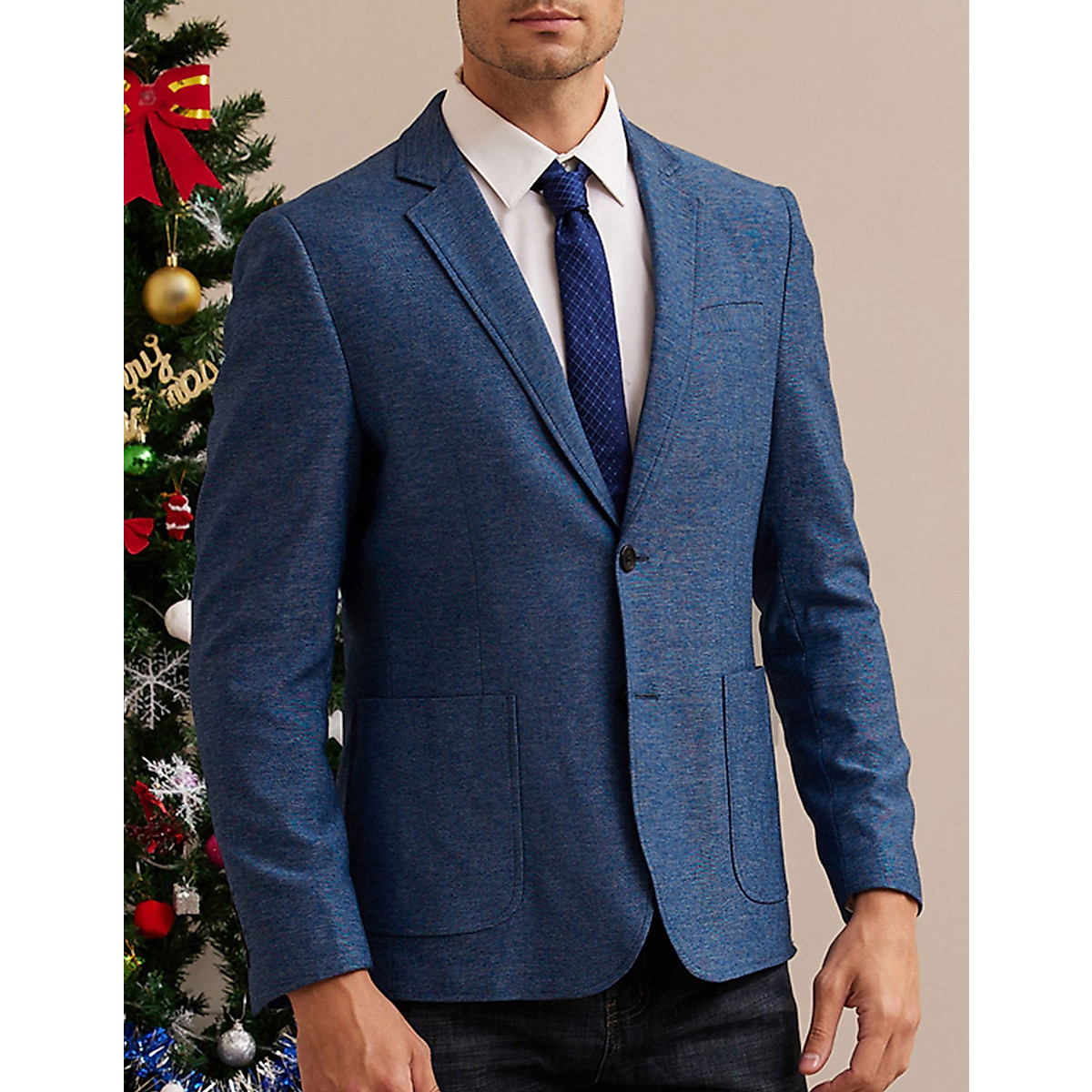 Men's Casual Knit Denim Suit Blazer Jackets Breathable Stretch Notch Lapel Collar Business Work Sports Coats Two Button