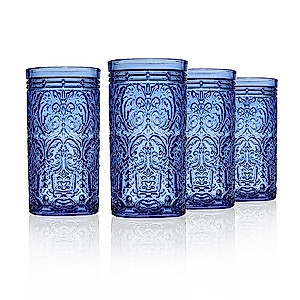 Godinger Highball Drinking Glasses, Tall Glass Cups Vintage Design - Jax Collection, Blue, Set of 4