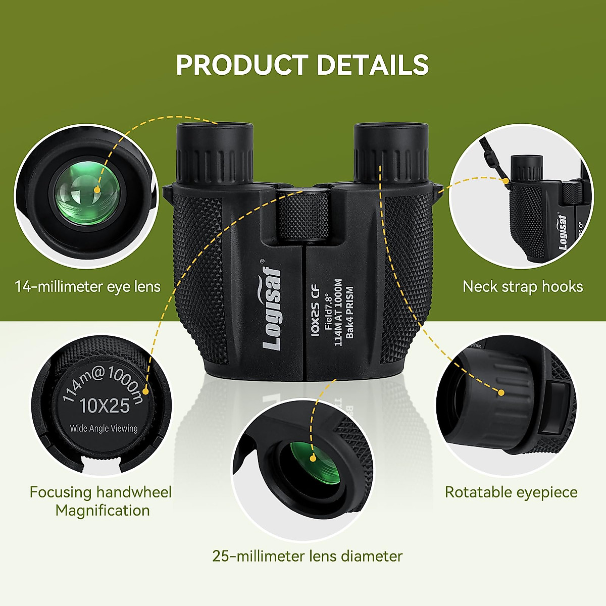 LOGISAF Binoculars for Adults and Kids, 10x25 Compact Binoculars with Low Light Vision, Small Binoculars for Bird Watching High Powered, Hunting, Easy Focus, Waterproof, Outdoor Travel & Hiking