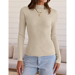 ZESICA Women's Fall Long Sleeve Turtleneck T Shirt Ribbed Knit Sweater Slim Fit Basic Casual Tee Tops,Almond,Medium