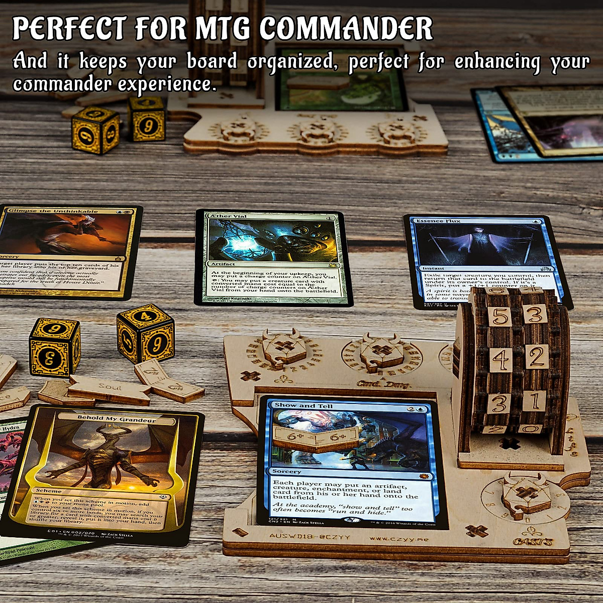 Commander EDH Command Zone Tray with Life Counter Wooden Compatible with Magic The Gathering, MTG