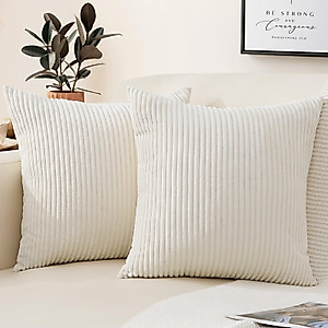 Mecatny Corduroy Throw Pillow Covers 18x18 Set of 2 - Striped Decorative Pillow Covers for Living Room, Bed - Soft Square Couch Pillow Covers for Sofa - Cream White