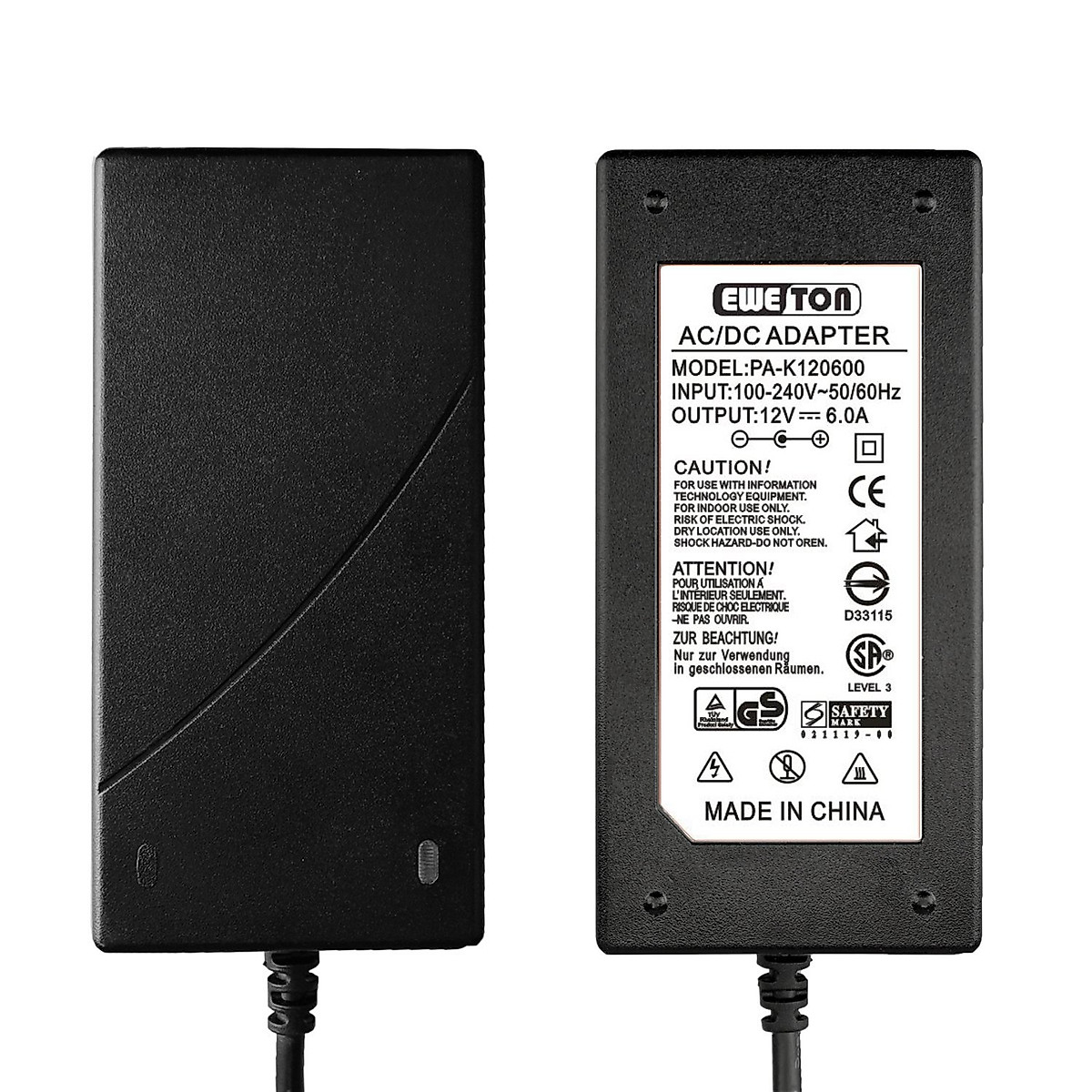 EWETON Power Adapter 12V 6A 72W 3-Pin Plug 100V-240V AC to DC 2.1x5.5mm w/ 8-Way Power Splitter Cable & DC Power Jack Connector Power Supply for CCTV Security Camera DVR, LED Strip Lights