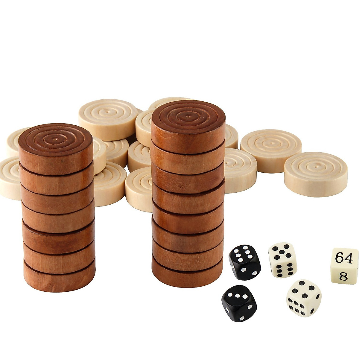 Amerous Thread Wooden Checkers Pieces Nature Wood Backgammon Pieces with Drawstring Bag, 5 Dices Included