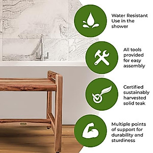 EcoDecors Eleganto Shower Stool 20" Natural Teak Wood Shower Bench with LiftAide Arms Wooden Seat Shower Stool in Earthy Teak Finish
