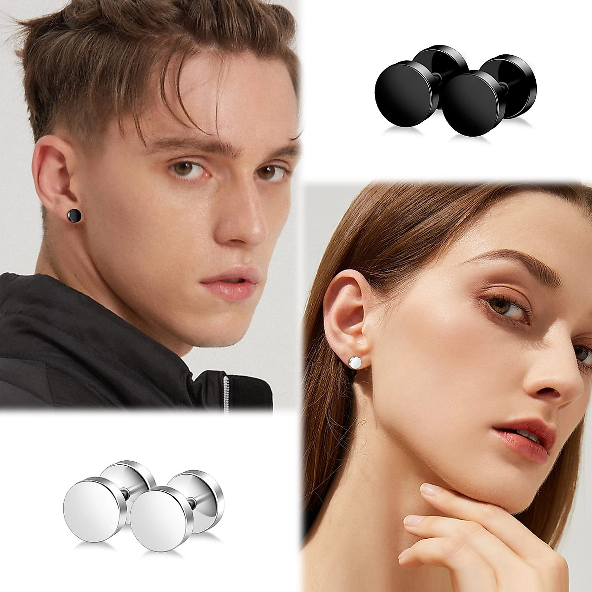 ONESING 12 Pairs Faux Gauge Earrings for Men Black Stud Earrings Silver Mens Earrings Faux Plugs Stainless Steel Earrings Set with Gift Box