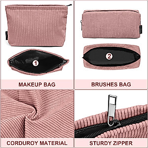 MAGEFY 2 Pcs Makeup Bags for Women, Corduroy Make up Bag for Purse Travel Makeup Bag Small Cosmetic Bags with Zipper Makeup Pouch for Travelling - Dusty Pink