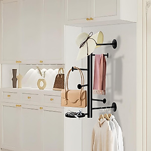 RCHYFEED Coat Rack Wall Mount, Vertical Coat Tree for Wall 16.9 Inch, Metal Modern Wall Hat Rack for Jackets, Bags, Hats, Swivel Coat Hanger with 6 Branches Key Tray for Entryway Living Room