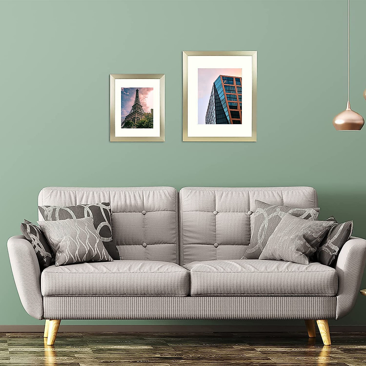 Golden State Art, 11x14 Brushed Aluminum Frame with Ivory Mat for 8x10 Picture - Wide Molding- Swivel Tabs, Sawtooth Hangers - Wall Display (Satin Gold, 1 Pack)