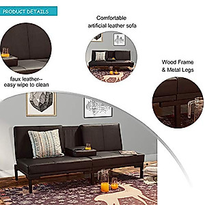 LOKATSE HOME Futon Sofa Bed Modern Faux Leather Couch Convertible Folding Recliner Living Room Furniture with 2 Cup Holders, Black