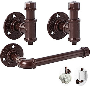 3 Pack Industrial Pipe Bathroom Hardware Accessories Set, Include 2 Robe Coat Towel Hook and 1 Toilet Paper Holder for Hanging. 1/2" inch Threaded Wall Mounted Rustic Decor Accessories Kit (Bronze)