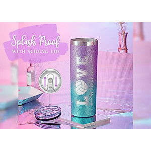 Onebttl Volleyball Gifts for Teen Girls & Team, Stainless Steel Kids Volleyball Tumbler, Double Wall Vacuum Insulated Bottle with Lid and Straw 20oz - Love at first Spike (Glitter Purple Blue)