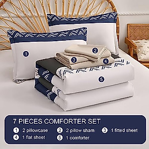 DHSFKBE King Size Comforter Set, 7 Piece Bed in a Bag, Blue and White Striped Patchwork Pattern Comforter with Sheets, Soft Lightweight Microfiber Complete Bedding Set for All Season (Blue, 104"x90")