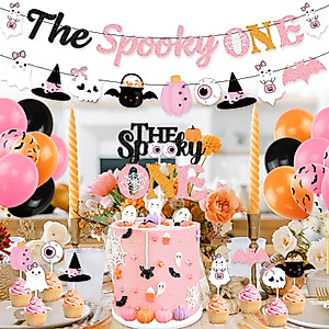 K KUMEED Pink Halloween 1st Birthday Party Decorations,The Spooky One Banner Cute Ghost Eyeballs Pumpkin Cake Topper and Latex Balloons for Halloween First Birthday Girls Birthday Party Supplies