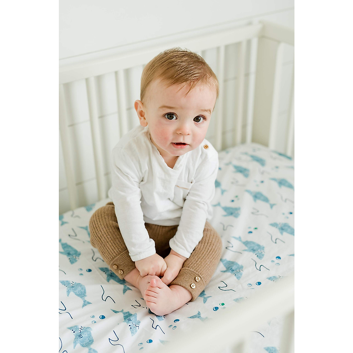 100% Cotton Fitted Crib Sheet - Premium Baby Bedding - Soft, Breathable & Durable - Shark Print