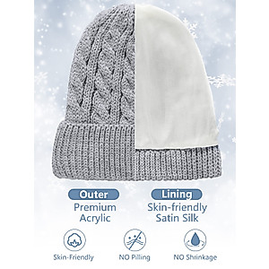 3 Pieces Kids Satin Lined Knit Beanies Winter Hat Child Warm Ski Skull Caps for Girls Boys Baby Toddlers 3-12 Years (Black, Navy Blue, Light Gray,Simple Style)