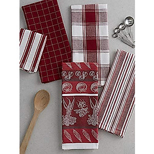 DII Assorted Pattern, Kitchen Collection, Dishtowels & Dishcloth, Garnet, 5 Piece