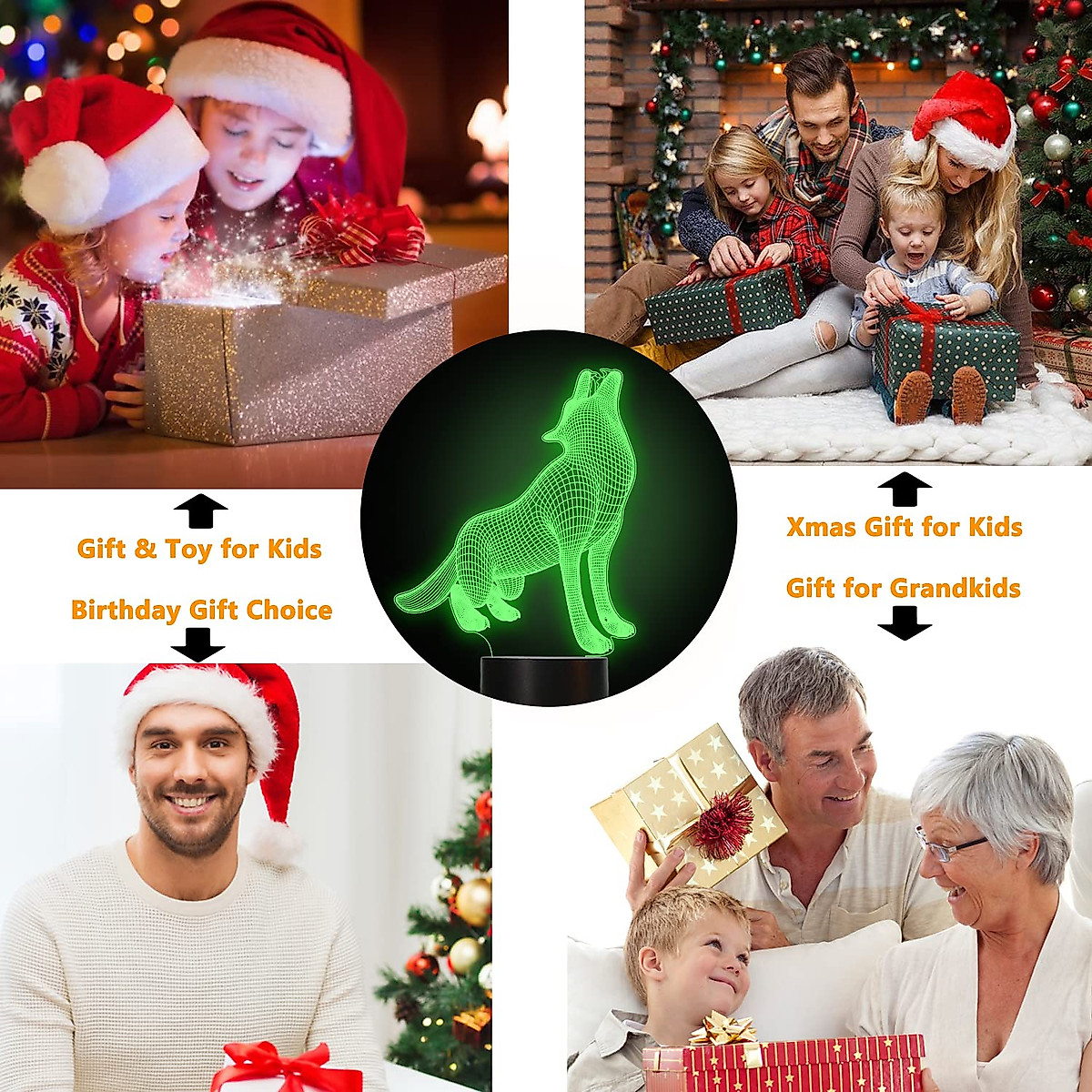 FULLOSUN Wolf Gift 3D Light, Optical Illusion Bedside Night Lamp, 16 Color Changing with Remote Control Creative Room Decor Best Birthday for Kids Boys Men