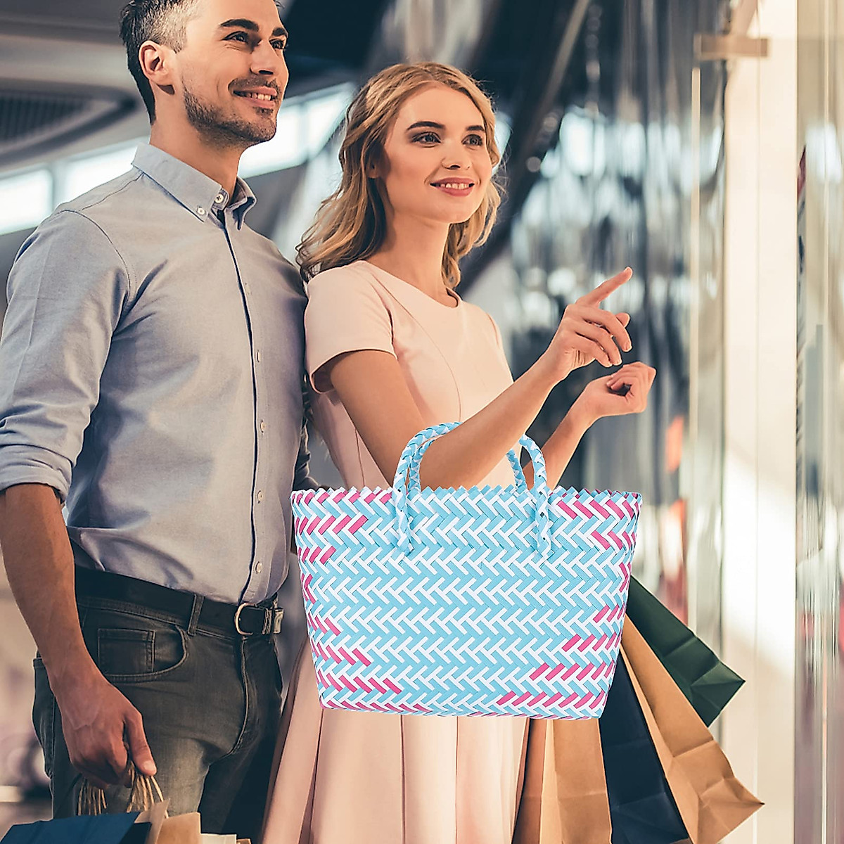 Cabilock Handmade Moroccan Basket Large Capacity French Wicker Basket Hand Woven Beach Bag Vegetables Shopping Basket with Handle Kids Toy Storage Packing Basket