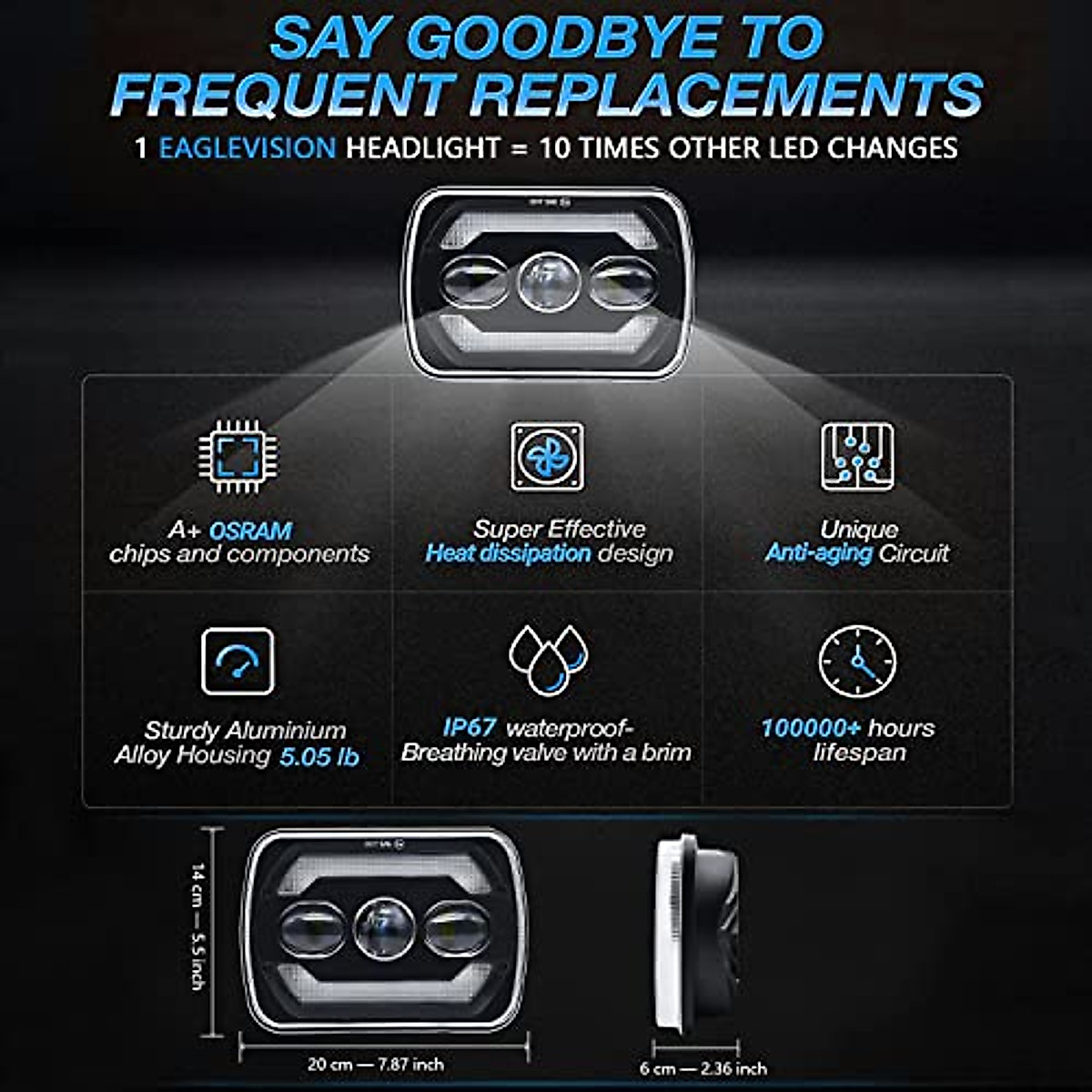 7x6 5x7 LED Headlights,120W Rectangular Headlight with w/DRL Turn Signal Hi/Low Sealed Beam H6054,Headlamps Compatible with Jeep Cherokee XJ Wrangler YJ Ford Chevy GMC Toyota Nissan