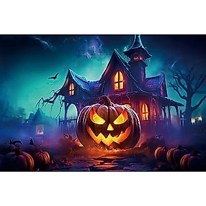 MOONDECO Photography Background 7x5ft Halloween Frame Jack O Lantern Fire Castle Window Backdrop Children Party Props Blue Sky Bat Decor Photo Booth