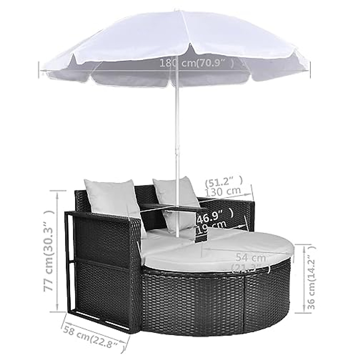 RINDIGOO Patio Seating Patio Bed with Parasol Black Poly Rattan,AllWeather Patio Rattan Lounge Set with Parasol and Detachable Footrest for Outdoor Relaxation Outdoor Furniture