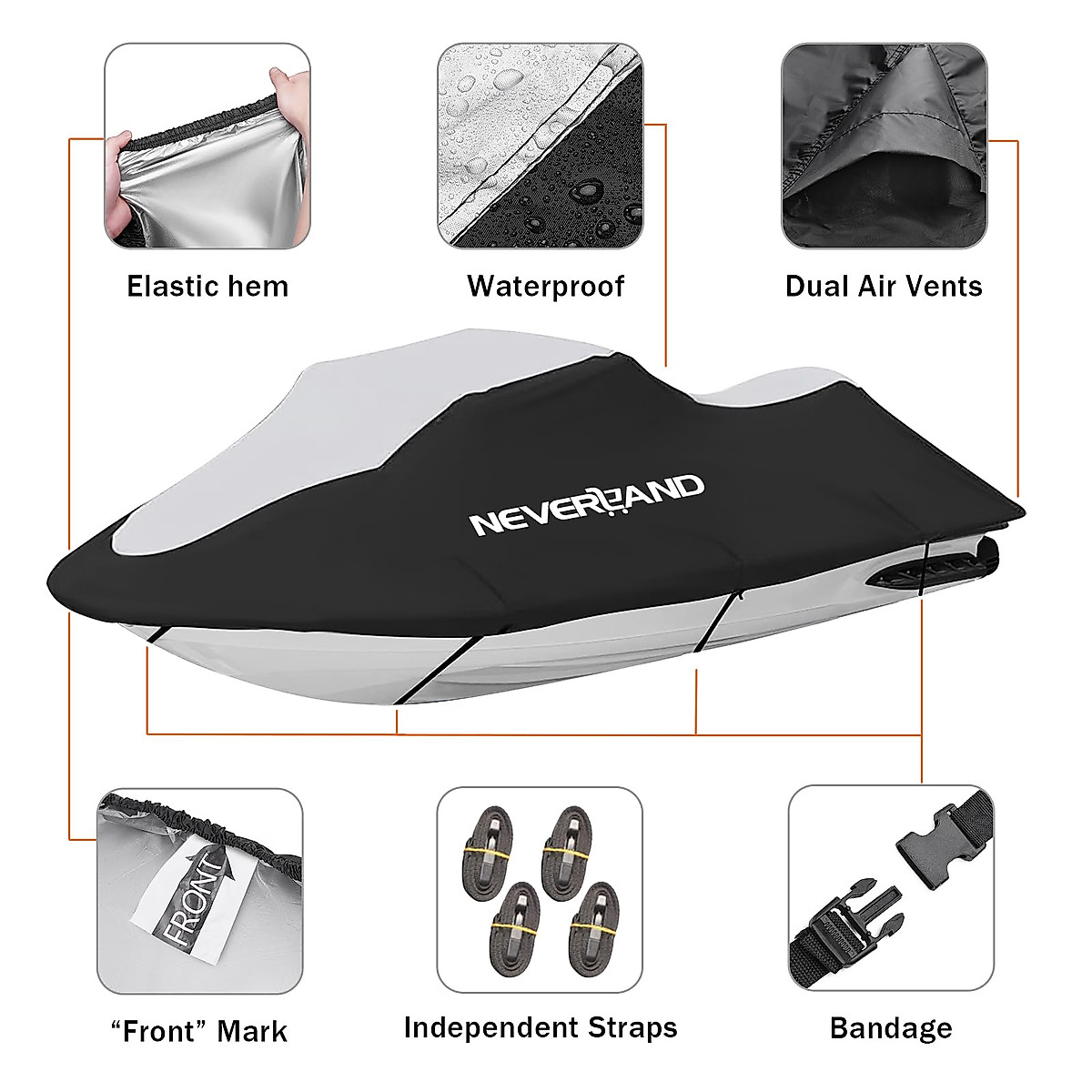 NEVERLAND Jet Ski Cover, Jetski Covers Suitable for 2 3 Seater Heavy Duty Waterproof 210D with 2 Air Vent Marine Grade UV Resistant Compatible with Yamaha Sea-Doo Kawasaki Lengths 115'' to 120"