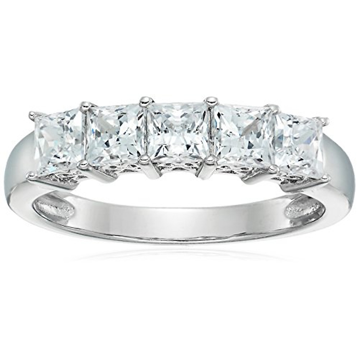 Amazon Essentials Platinum-Plated Sterling Silver Princess-Cut 5-Stone Ring made with Infinite Elements Cubic Zirconia (2 cttw), Size 6, (previously Amazon Collection)