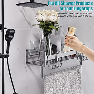 Kayfia Shower Caddy Basket Shelf with Soap Holder, 3 Pack Adhesive Organizer, No Drilling Rustproof Alloy Steel Mounted Racks with Towel Bar for Kitchen Bathroom Shampoo Storage (Silver Grey)