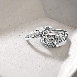 Cali Trove, 1/3cttw Baguette and Diamond Cluster Square Halo Engagement Ring with Matching Diamond Wedding Band for Women in 925 Sterling Silver, Women's Silver Square Halo Wedding Ring Set with