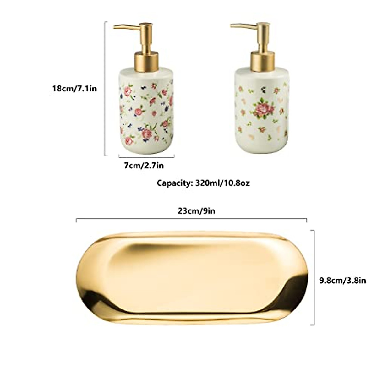 Soap Dispensers Ceramic Soap Dispenser Set with Metal Tray Soap Pump for Kitchen Sink Bathroom Accessory Flower Pattern Set, 10.8oz Lotion Dispenser (Style : Floret)