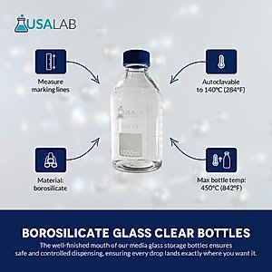 USA LAB 2000 ML Round Media Bottle with GL45 Screw Cap, Clear 3.3 Borosilicate Glass Bottles for Scientific Solution Storage, Multi Purpose Science Labs Solvent Container