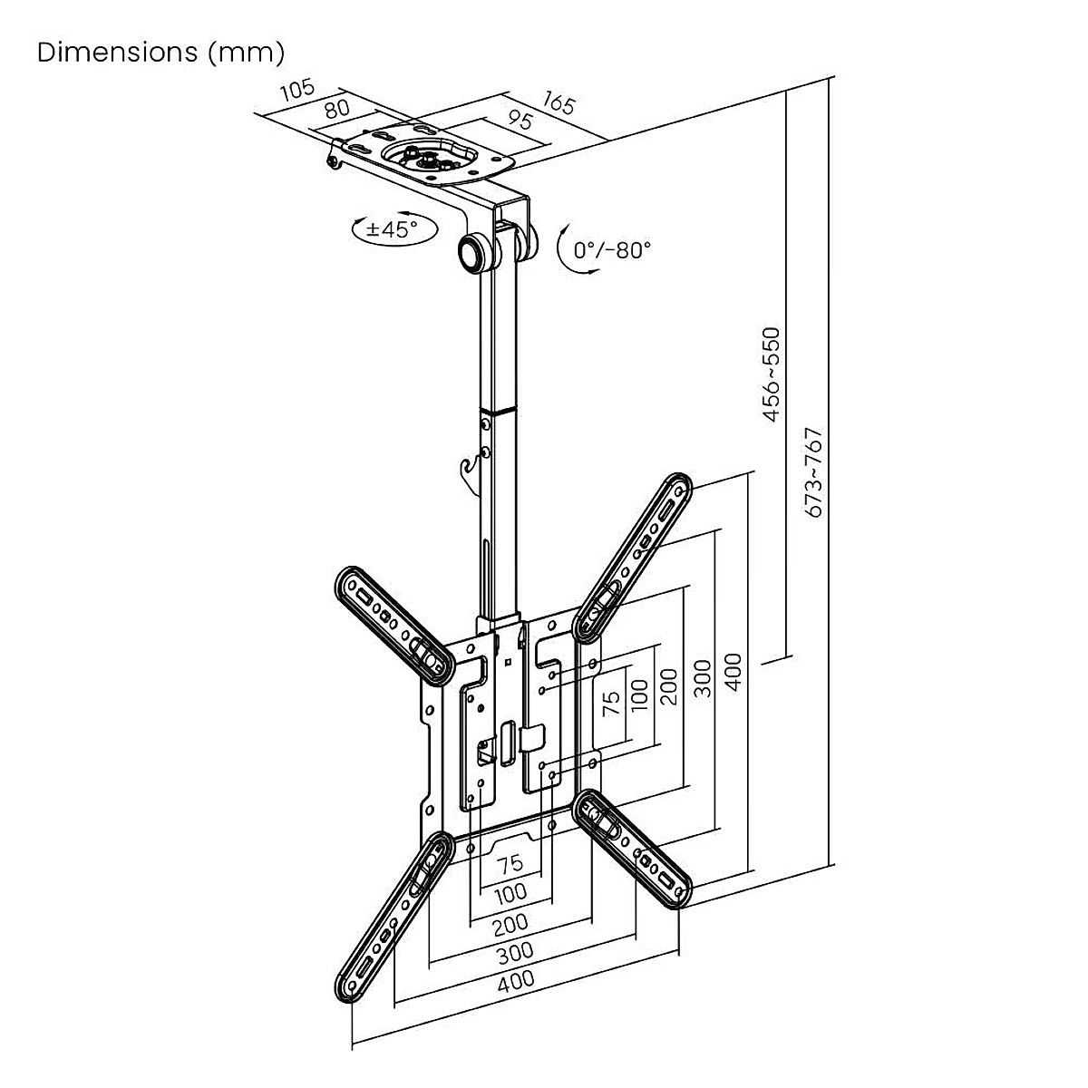 Mount Plus CM344 Flip Down TV and Monitor Roof Ceiling Swivel Mount | Fits Flat TV 23 to 55 Inches | VESA Compatible 200x200, 400x400 | Height Adjustable | Pitched Roof