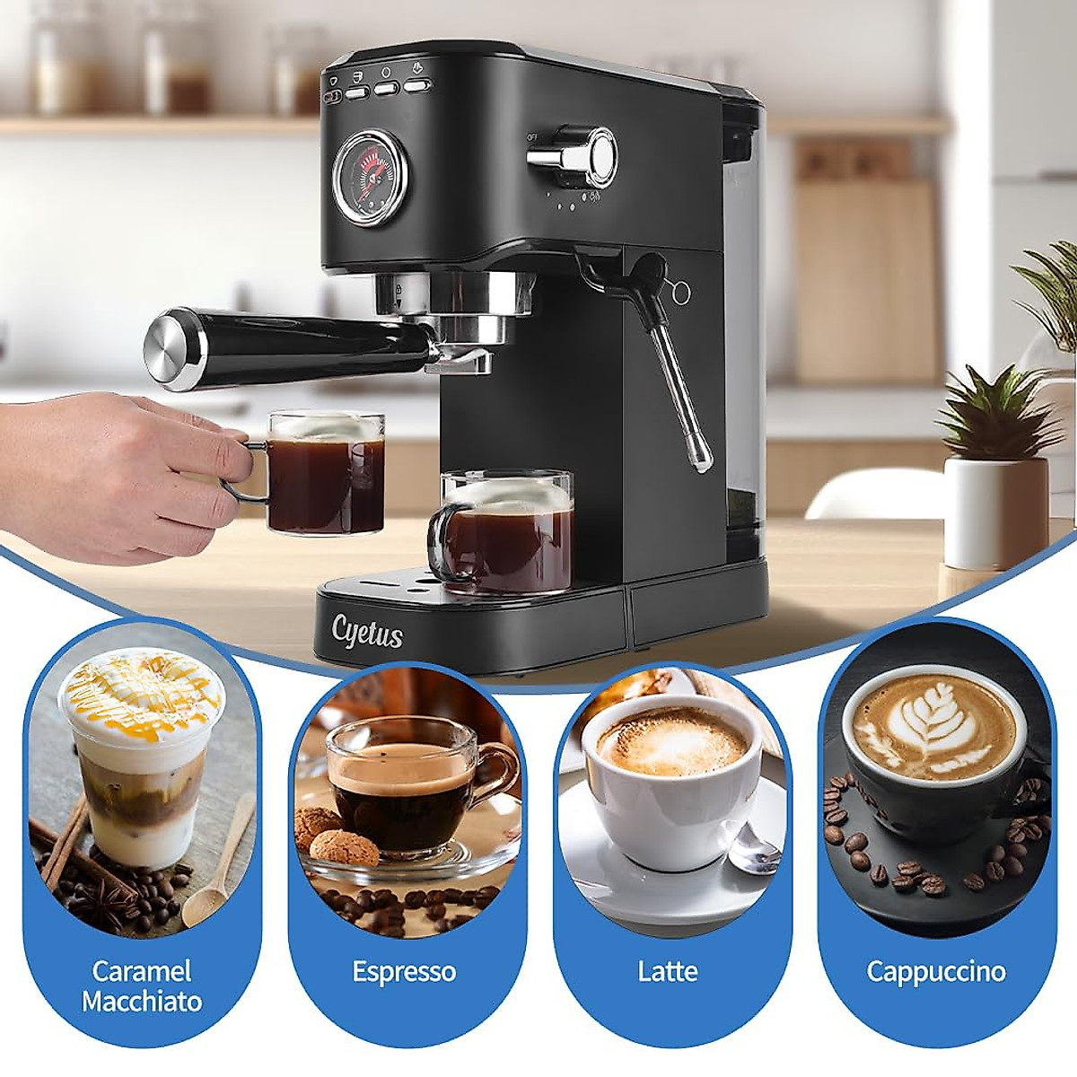 CYETUS Espresso Machine 20 Bar with Milk Frother Steam Wand, Compact Small Coffee Machine for Home, Pressure Gauge, Barista Espresso Maker Latte Cappuccino, Stainless Steel, Black