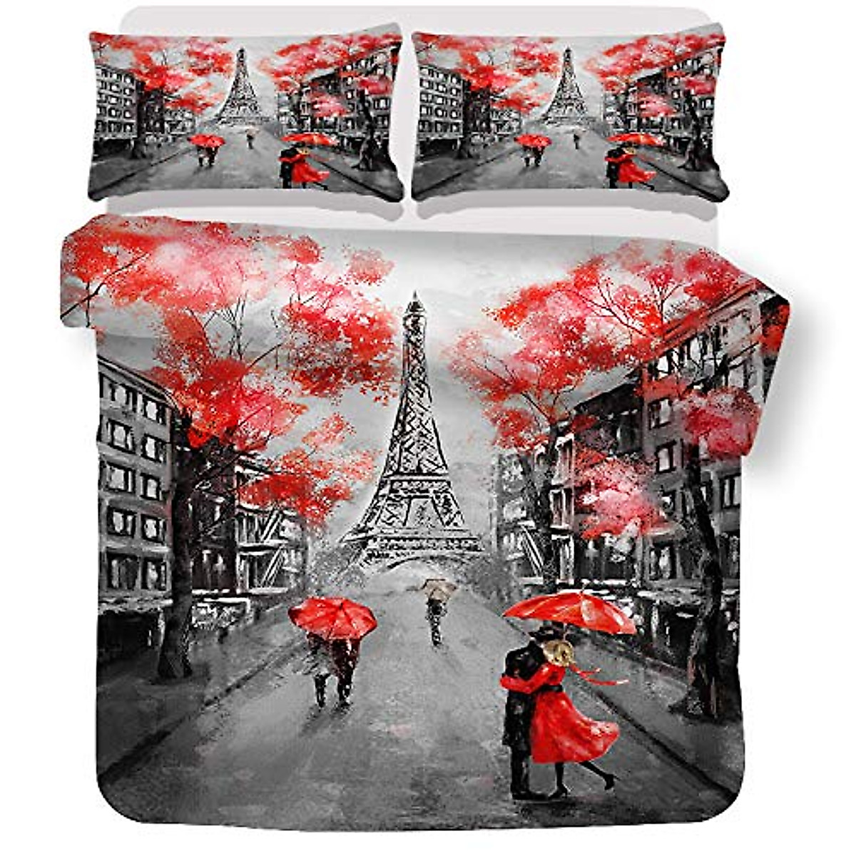 Yunine Paris Bedding Set Comforter Eiffel Tower Duvet Cover Set Romantic Couple with Umbrellas in The Street, Grey, red, Queen Size, 1 Duvet Cover and 2 Pillowcases