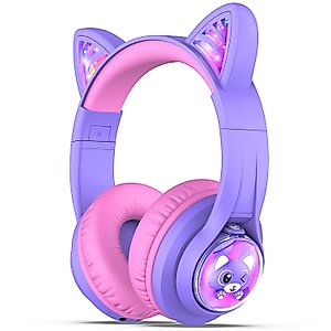 iClever Kids Bluetooth Headphones, Cat Ear Wireless Headphones LED Lights Up, 74/85/94dBA Volume Limited, 45H Playtime, Kids Headphones with Portable Bag for Travel iPad Tablets, Meow Jelly-Purple