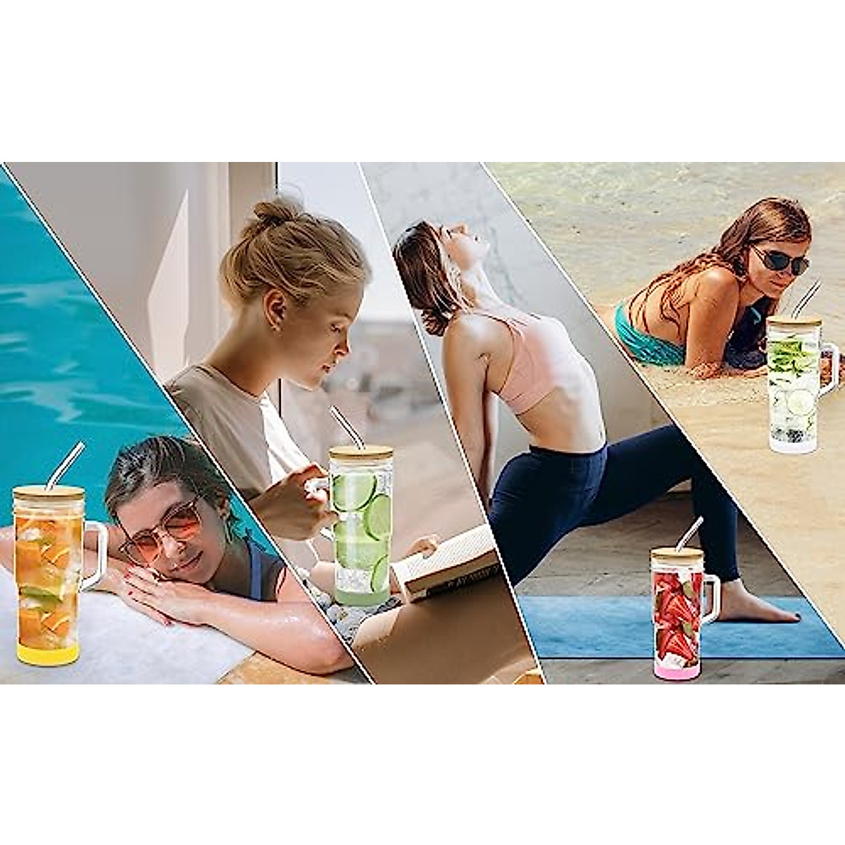 4-Pack 24oz Glass Tumbler Cups with Handle, Bamboo Lids, and Straws - Reusable Mason Jar Drinking Glasses for Iced Coffee, Smoothies, Beer, Juice, and Tea