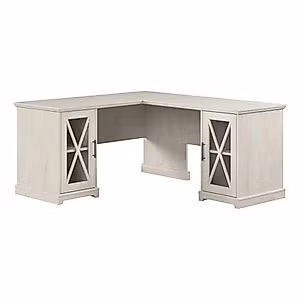 Bush Furniture Lennox Farmhouse L Shaped Desk with Storage Cabinets | Corner Computer Table for Home Office Workspace, 60W, Linen White Oak