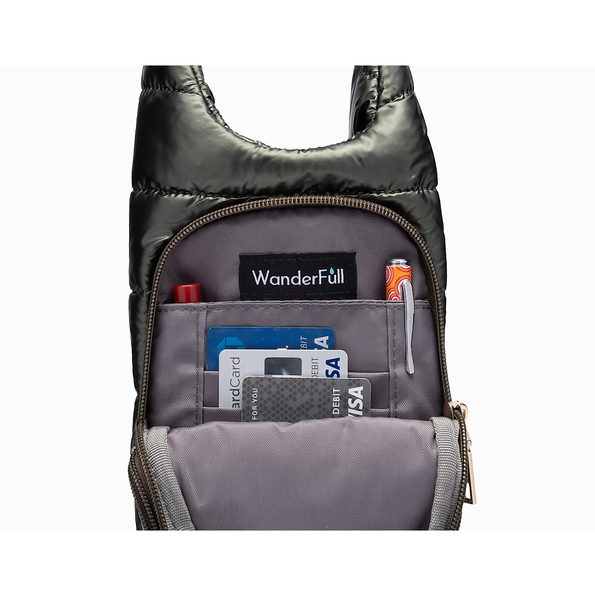 WanderFull Original Crossbody HydroBag | Quilted Water Bottle Carrier | Puffer Tote Tumbler Holder with Pockets for Purse, Phone & Accessories | Carry Travel Essentials (Army Green)