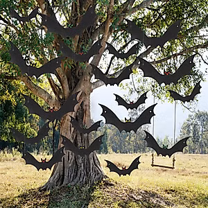 Hanging Bats Halloween Decoration Outside, Plastic Large Flying Bats with Glowing Eyes, Hanging, pasting Two Ways,Halloween Outdoor Tree Yard Porch Decoration Supplies(18 Pcs)