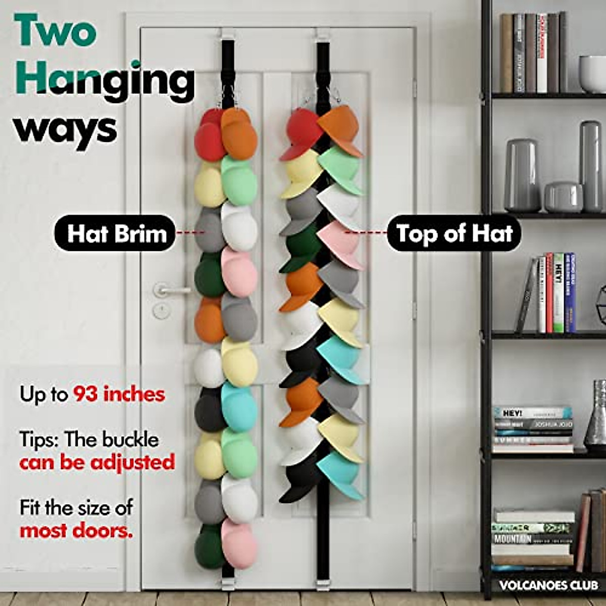 VOLCANOES CLUB Closet Oganizers and Storage - 2 Straps Hat Organizer Over The Door Storage Hanger - Baseball Caps Holder with 40 Clips, - Adjustable Closet Hook For Fitting Door Up To 93 Inch (Black)