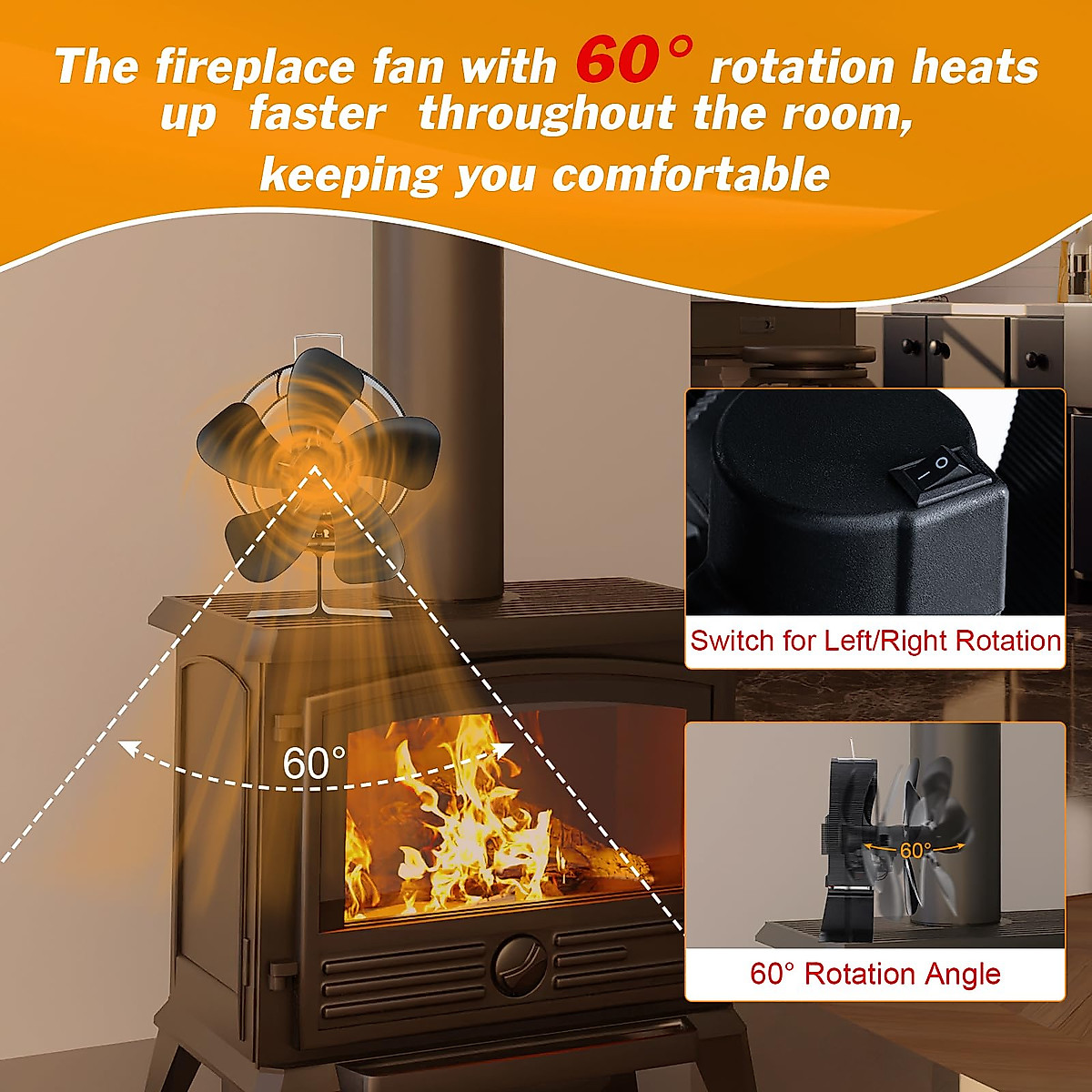 CHANGE MOORE Wood Stove Fan 60° Oscillating Large Size, 5 Blades Heat Powered Stove Fan, Silent Eco Stove Top Fans, Non Electric Fireplace Fan for Gas, Pellet, Wood Burning Stove