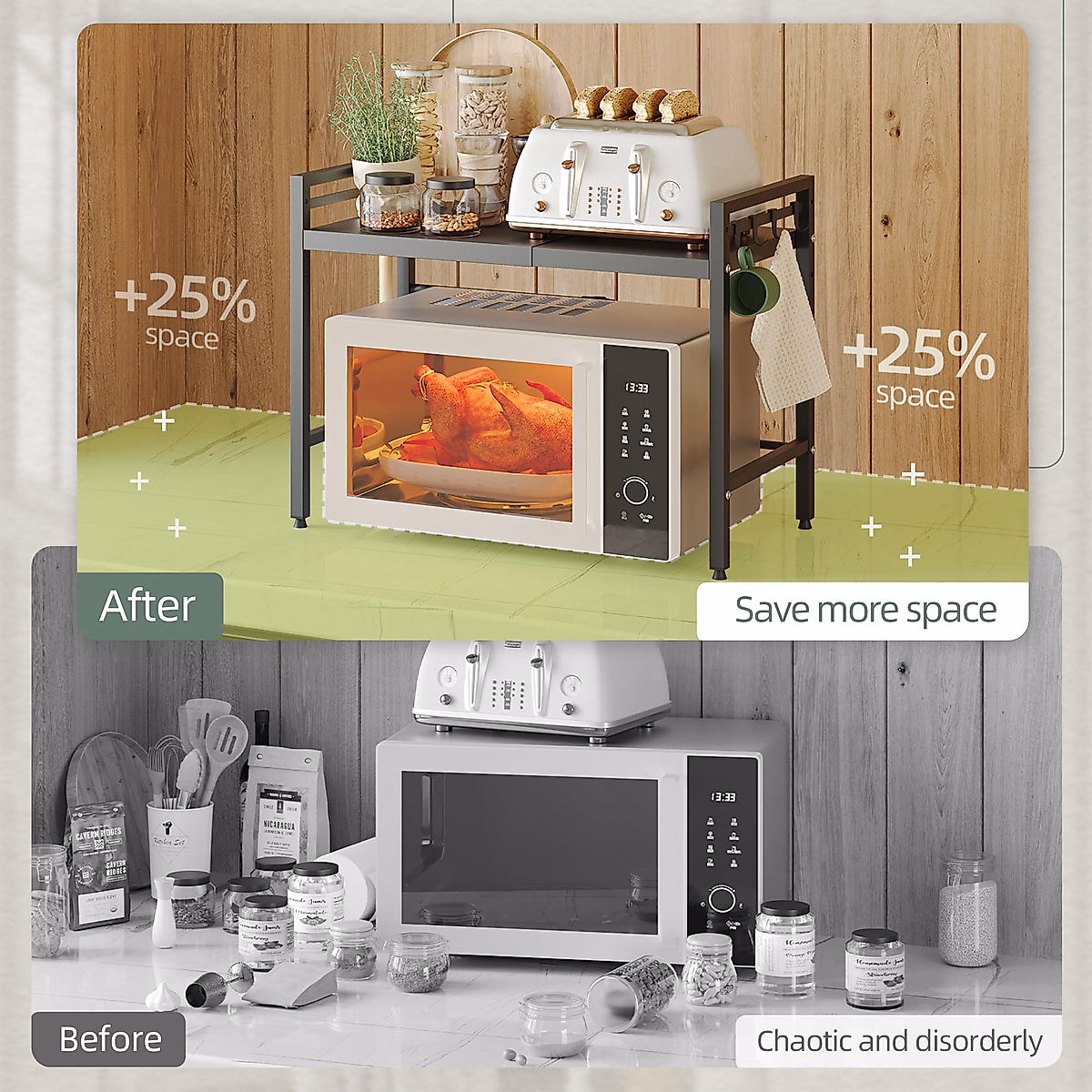 NETEL Expandable Microwave Stand,2 Tier Metal Kitchen Countertop Organizer Shelves with 8 Hooks,Bakers Rack,Microwave Shelf,Microwave Oven Rack,55lbs Weight Capacity